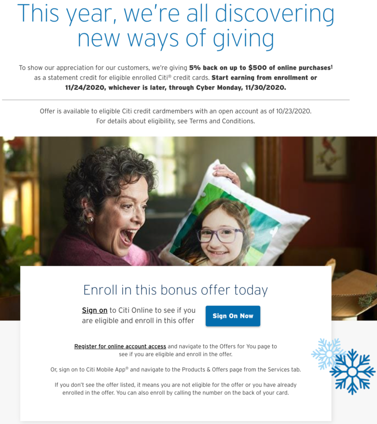 Citi Holiday Promotion: 5% back on up to $500 of online purchases ...